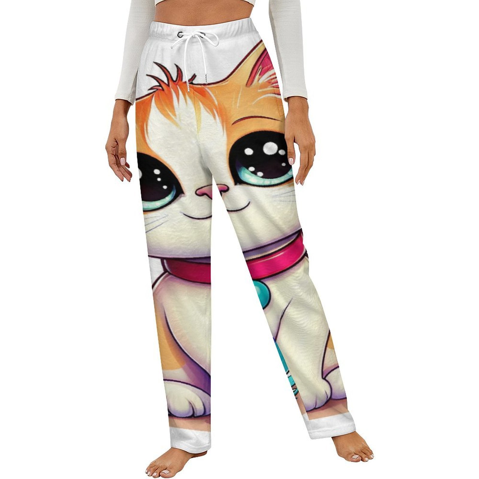 Cute Cat With Feathers Winter Female Pants Flannel High Waist Women ...