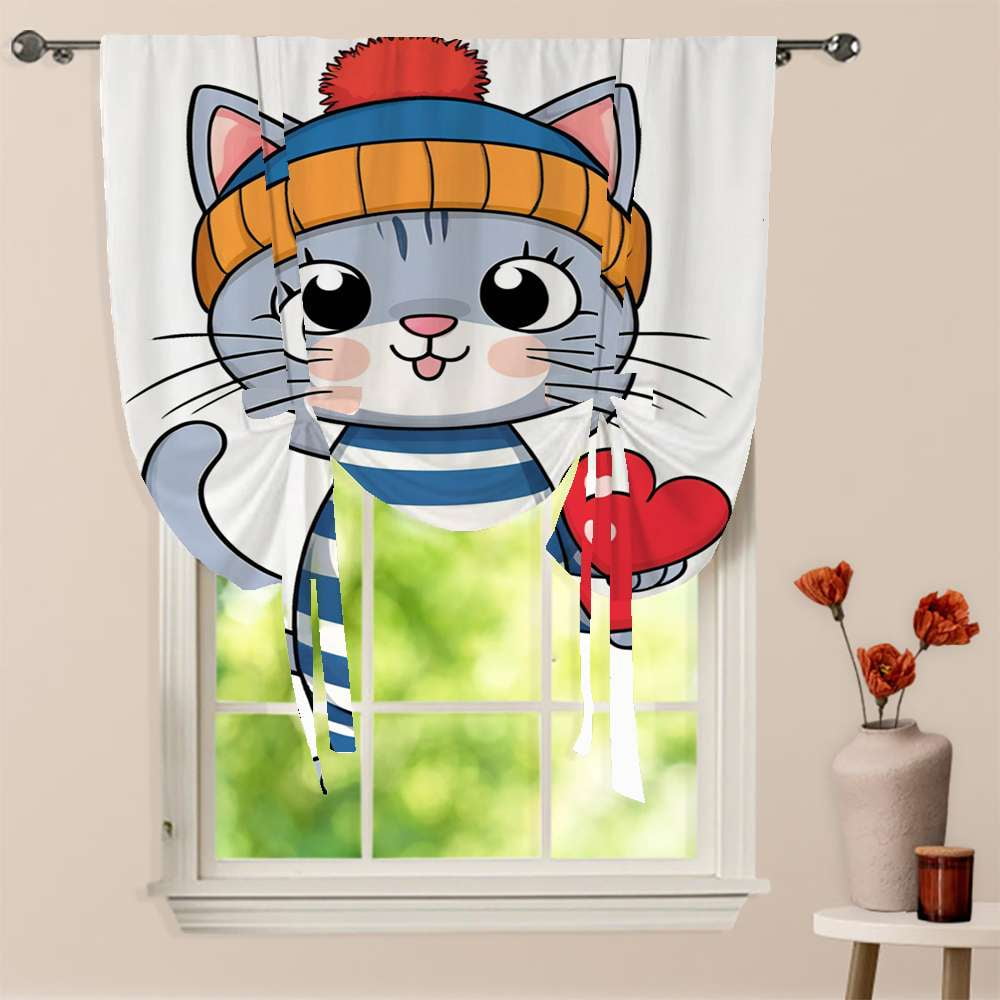 Cute Cat With Heart Window Curtain for Living Room Roman Curtain ...