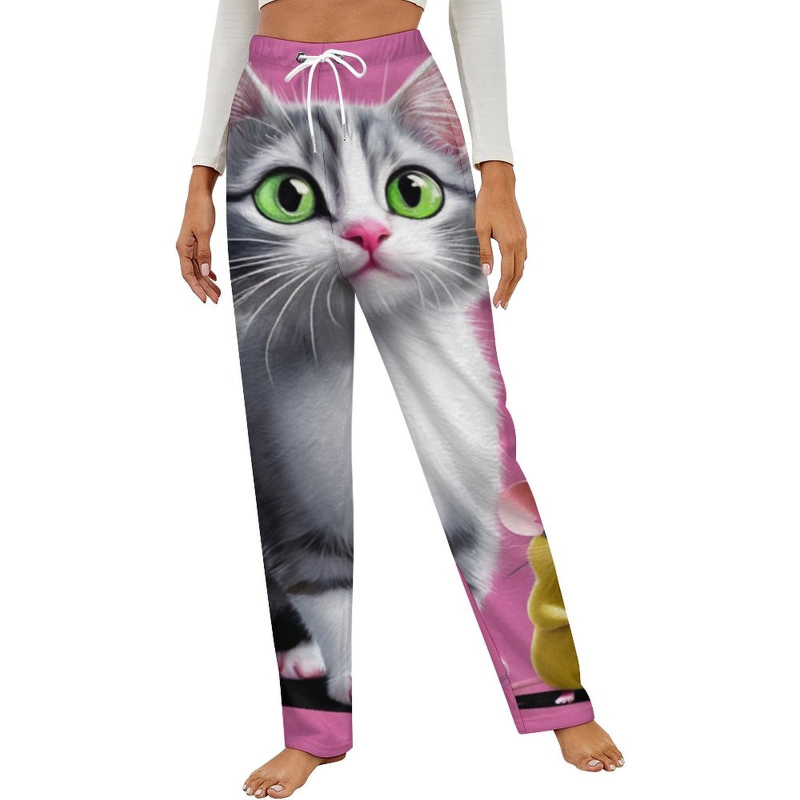 Cute Cat With Mouse Toy Winter Female Pants Flannel High Waist Women ...