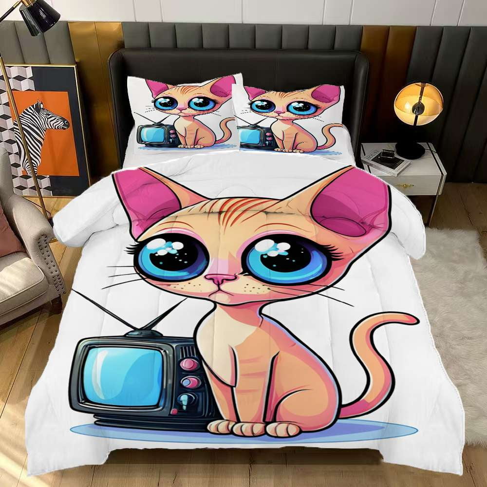 Cute Cat With TV Comforter Set Queen Size Bedding Set For Travl Bedroom ...