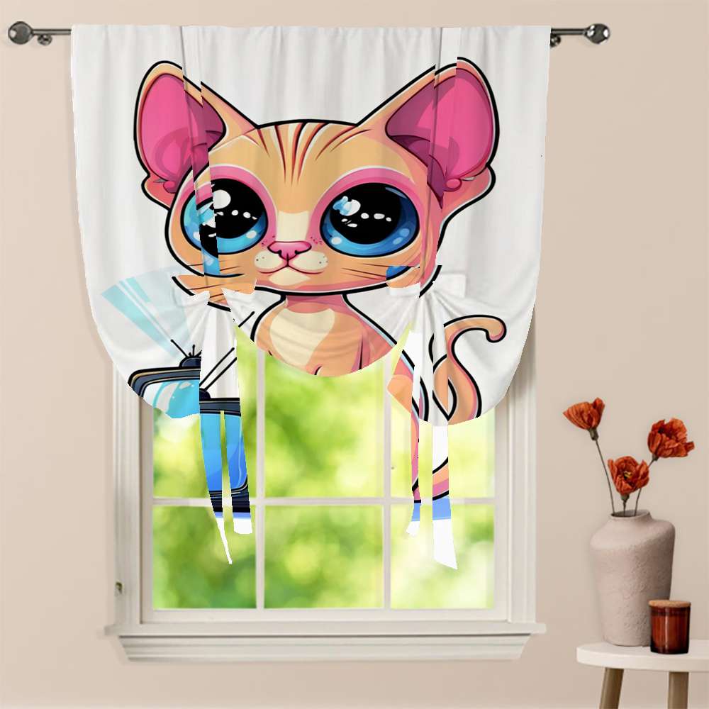 Cute Cat With TV Window Curtain for Living Room Roman Curtain Kitchen ...