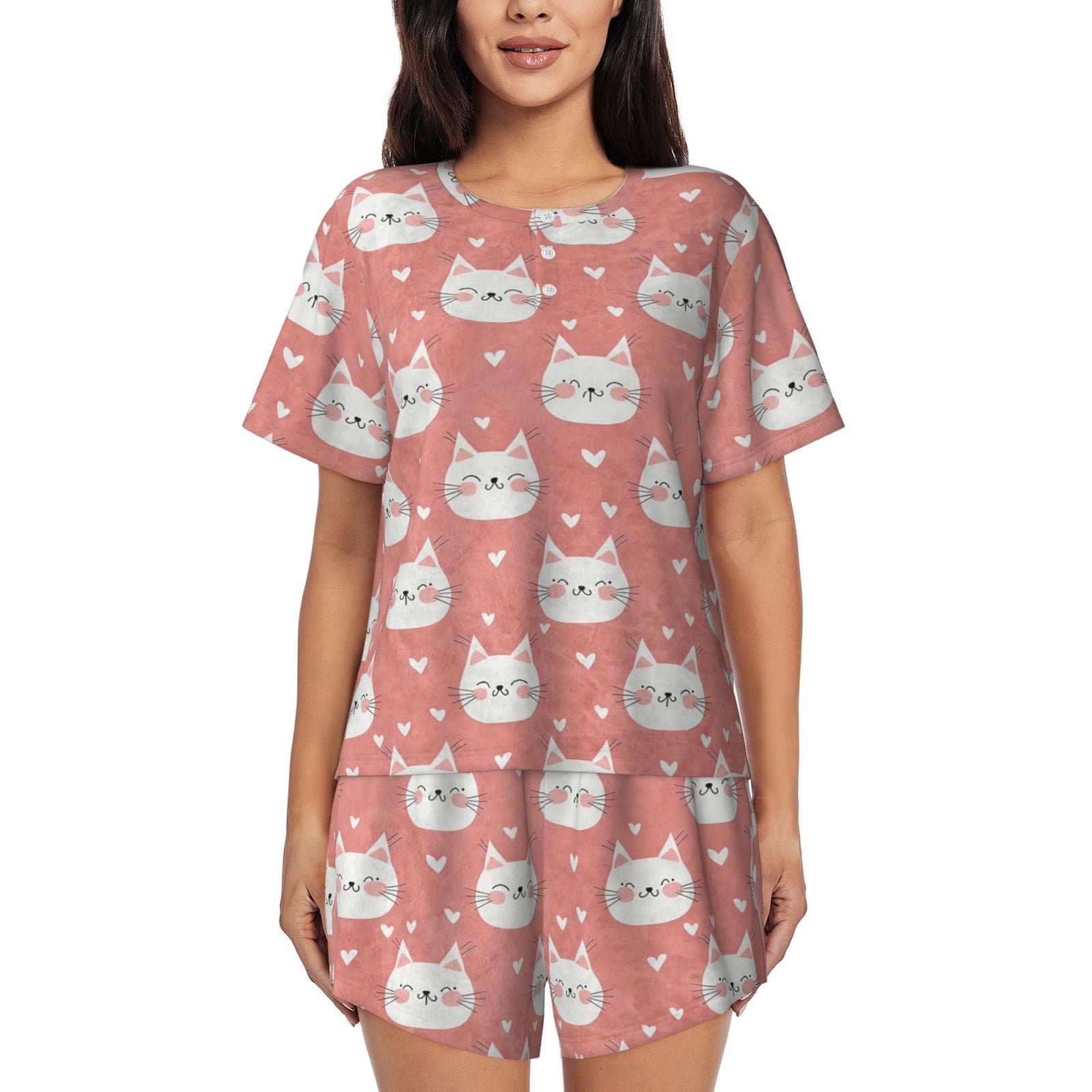 Cute Cat Women’S Short-Sleeved Pyjama Set Round-Neck Loungewear for ...
