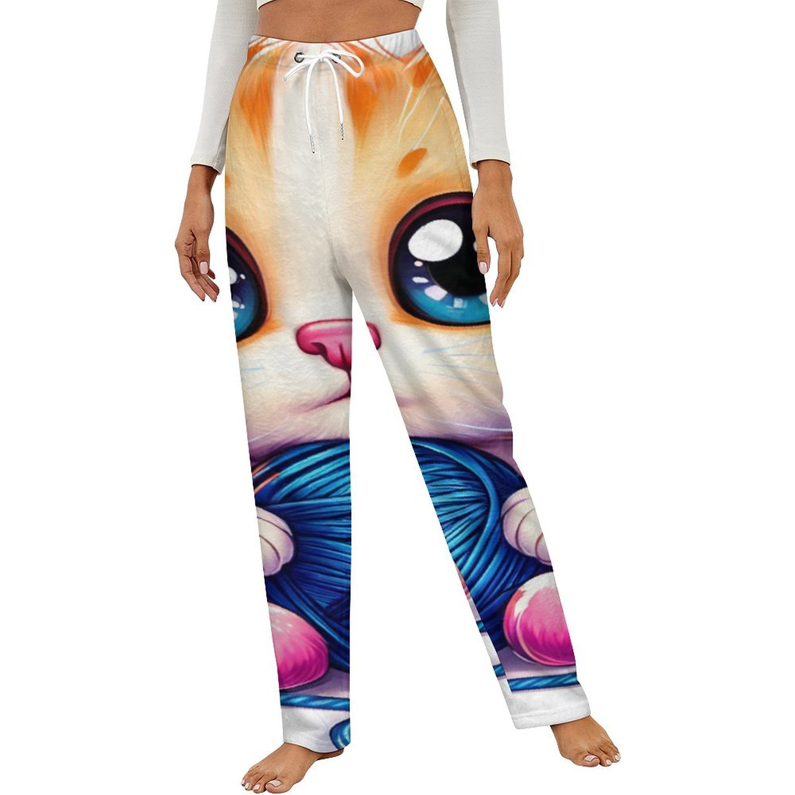 Cute Cat Yarn Ball Winter Female Pants Flannel High Waist Women Pants ...
