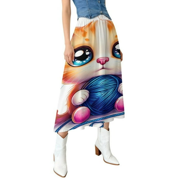 Cute Cat Yarn Ball Women High Waist Midi Skirt Elegant Midi Skirt High ...