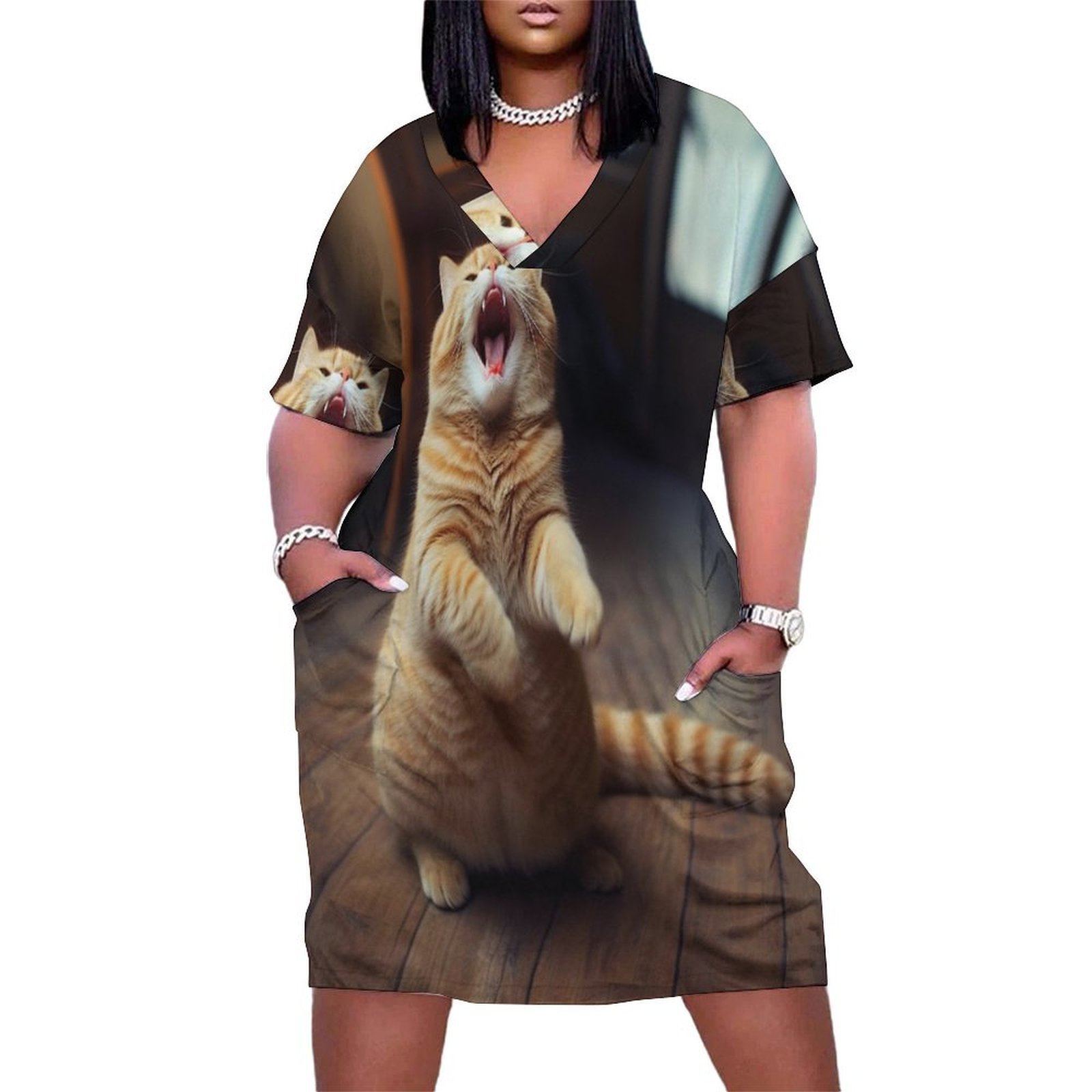 Cute Cat Yawning Loose Pocket Dress Dresses Summer Summer Dresses for ...