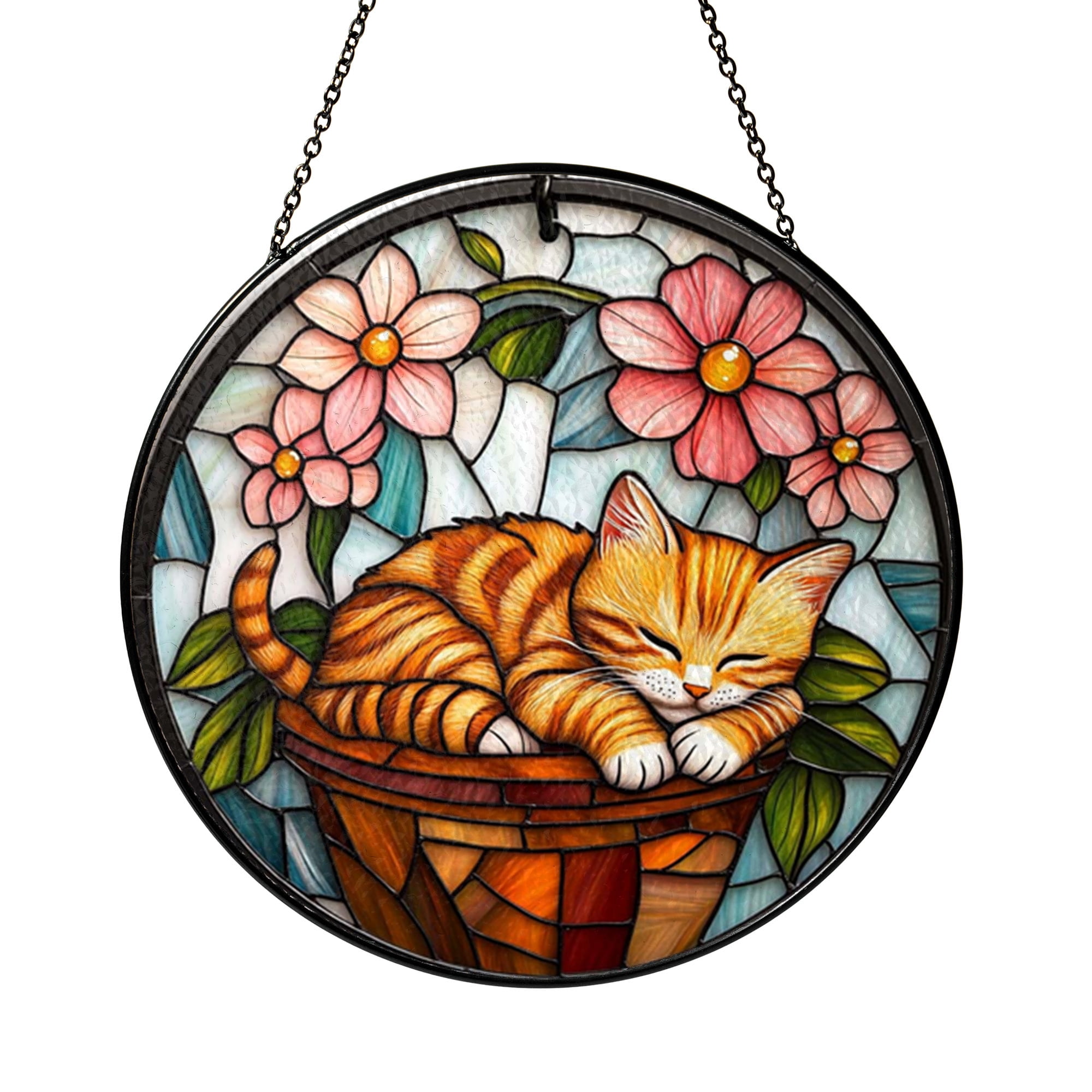 Cute Cat and Cherry Blossom Branch Window Hanging Suncatcher, Floral ...