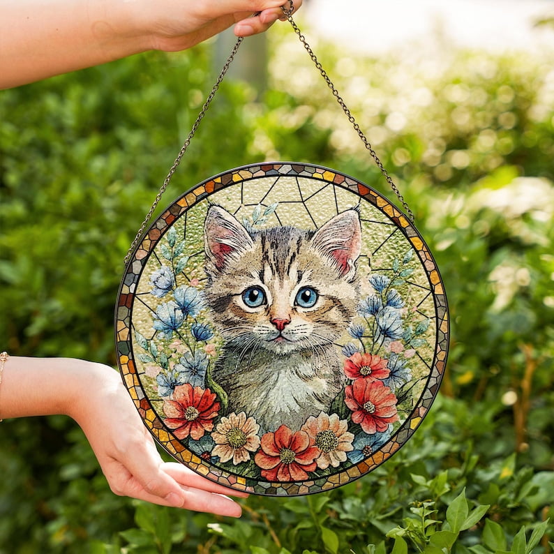 Cute Cat and Flower Glass Suncatcher, Cat Window Hanging, Tabby Cat ...
