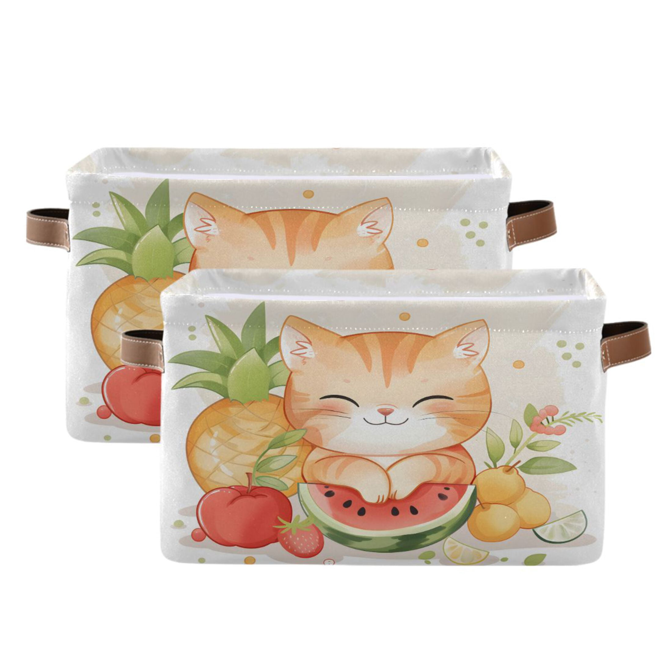 Cute Cat and Fruits Storage Bins with Handle Fabric Organizer Basket ...