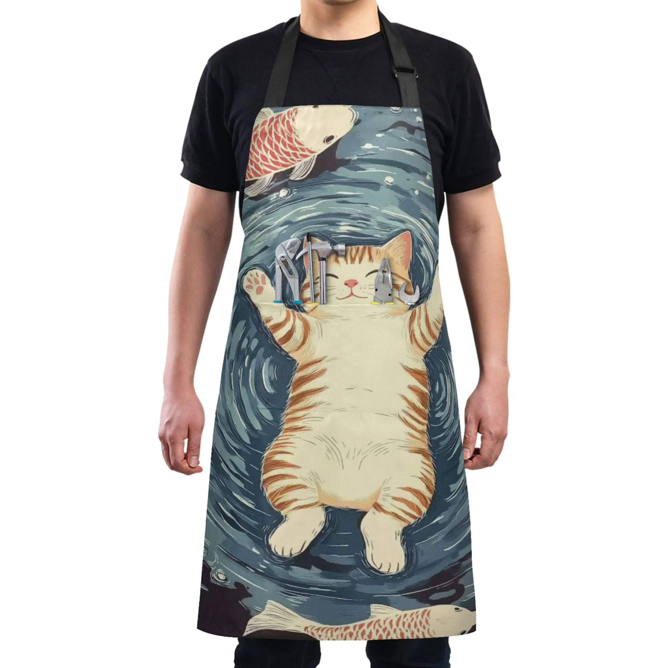 Cute Cat and Koi Fish Chef Kitchen Apron with Pockets for Women ...