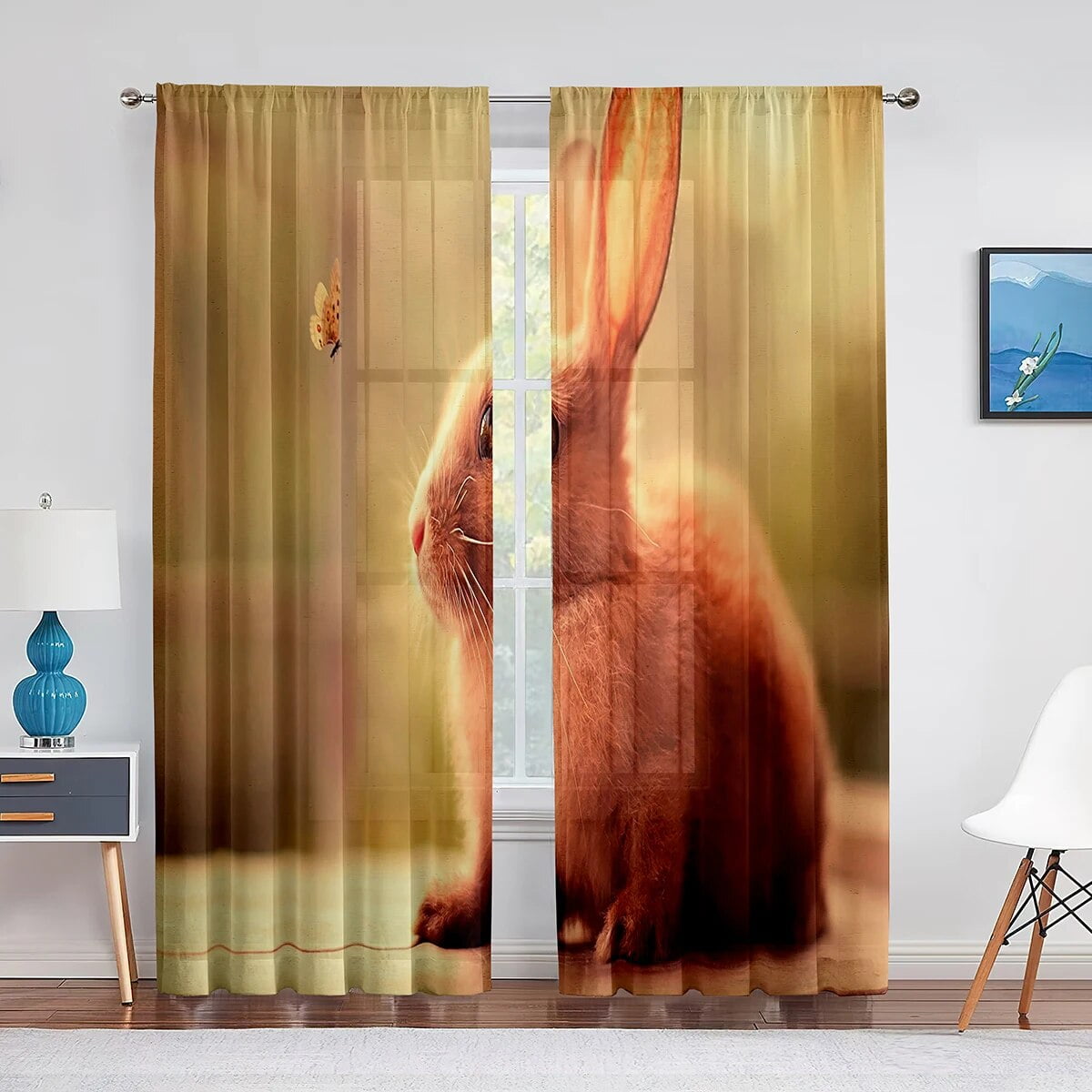 Cute Cat and Rabbit Small Animals Sheer Curtains for Living Room Voile ...