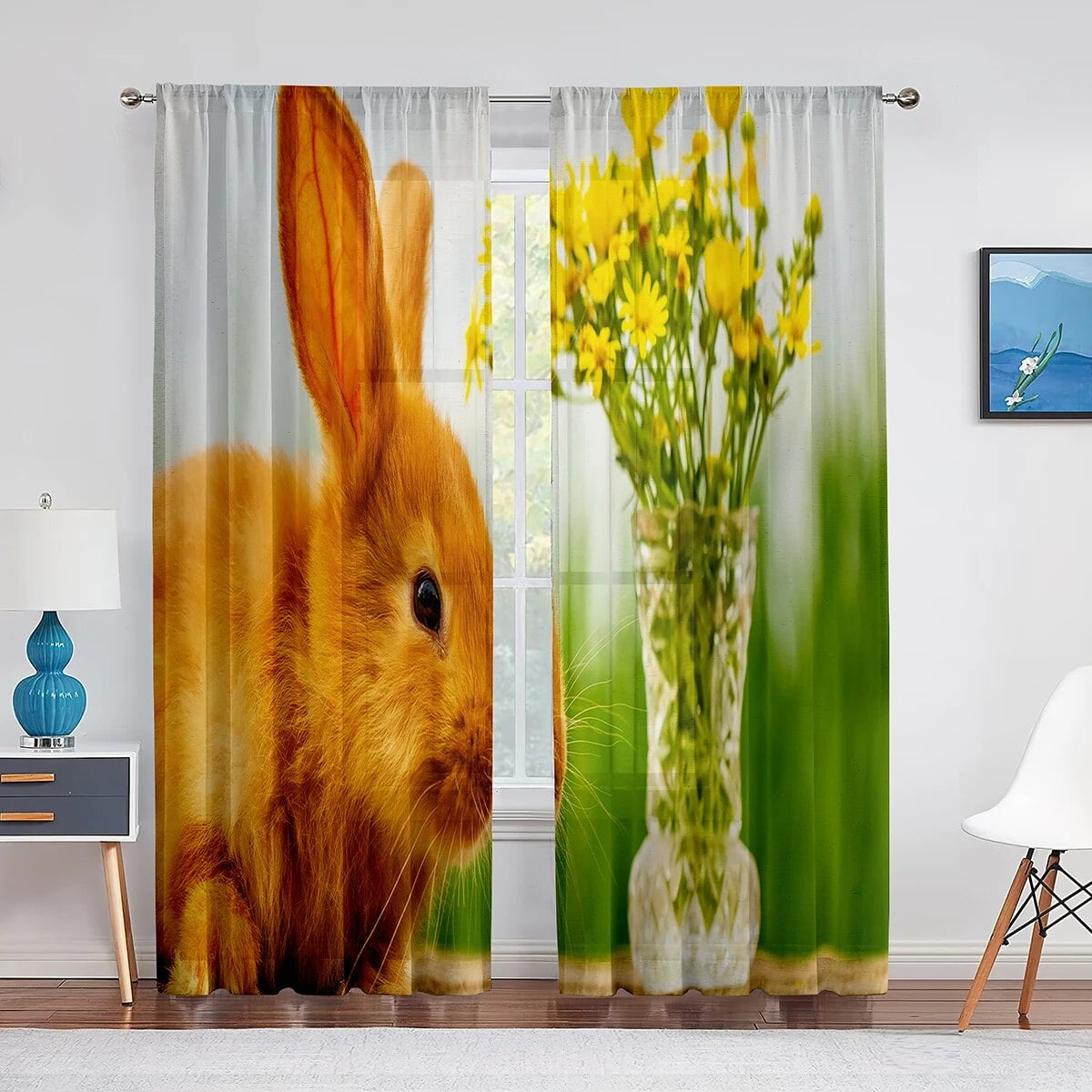 Cute Cat and Rabbit Small Animals Sheer Curtains for Living Room Voile ...