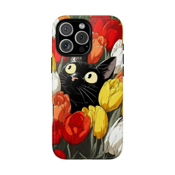 Cute Cat and Tulips Floral Design Compatible with iPhone 11 12 13 14 15 ...