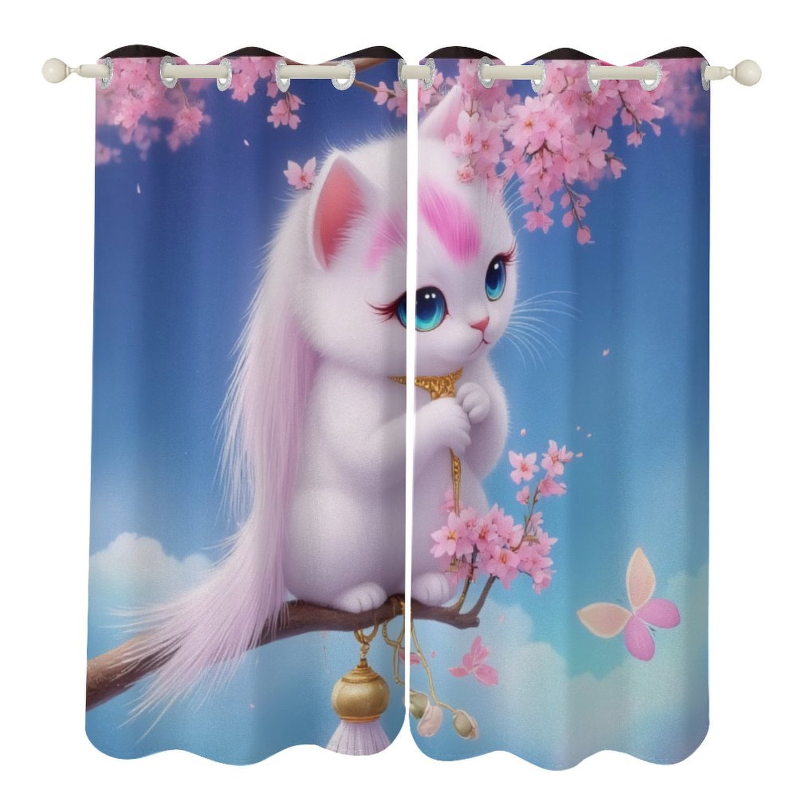 Cute Cat in Cherry Blossoms 2 Panels 3D Printing Pattern Curtain for ...