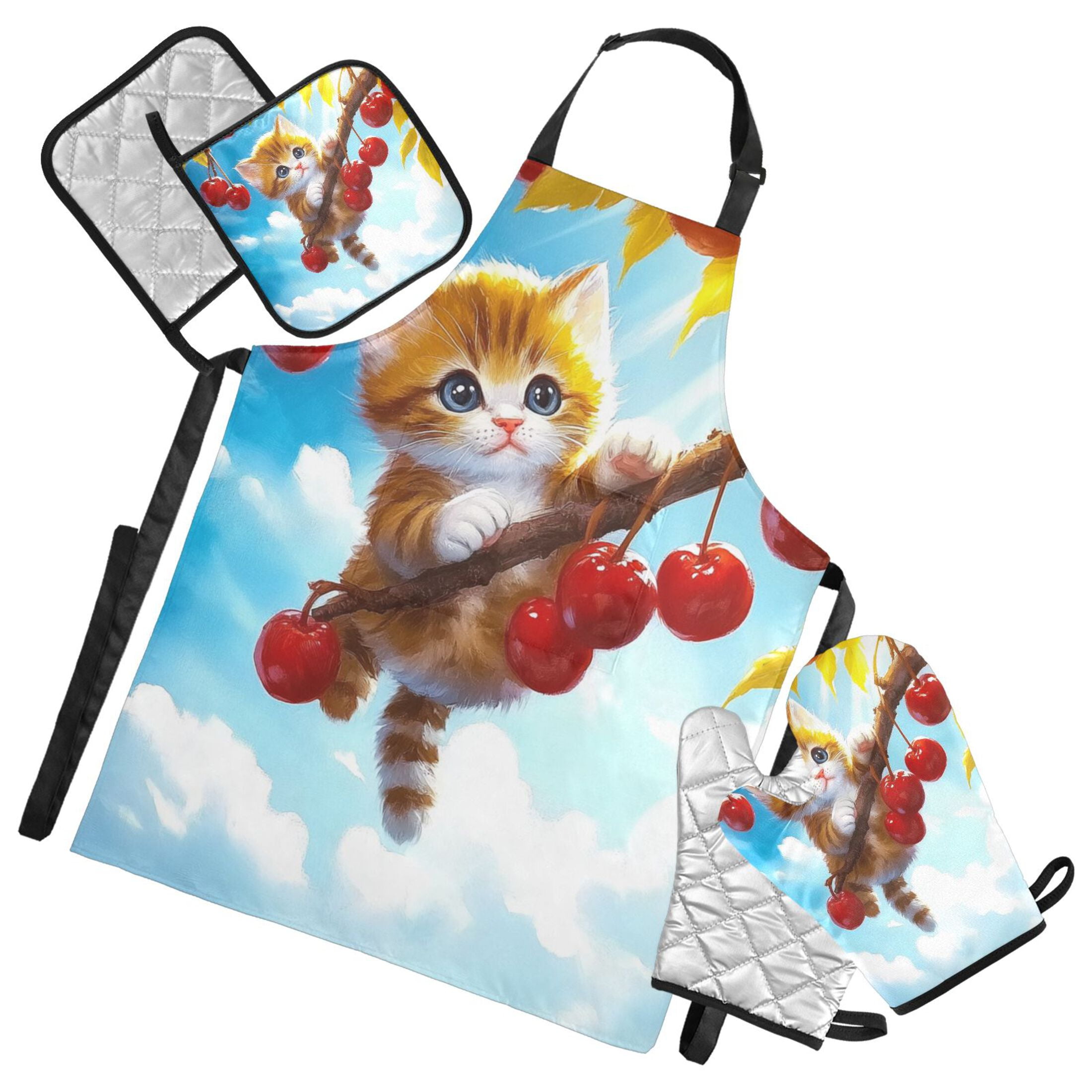 Cute Cat in Cherry Tree Oven Mitts and Pot Holders with Chef Apron Set ...