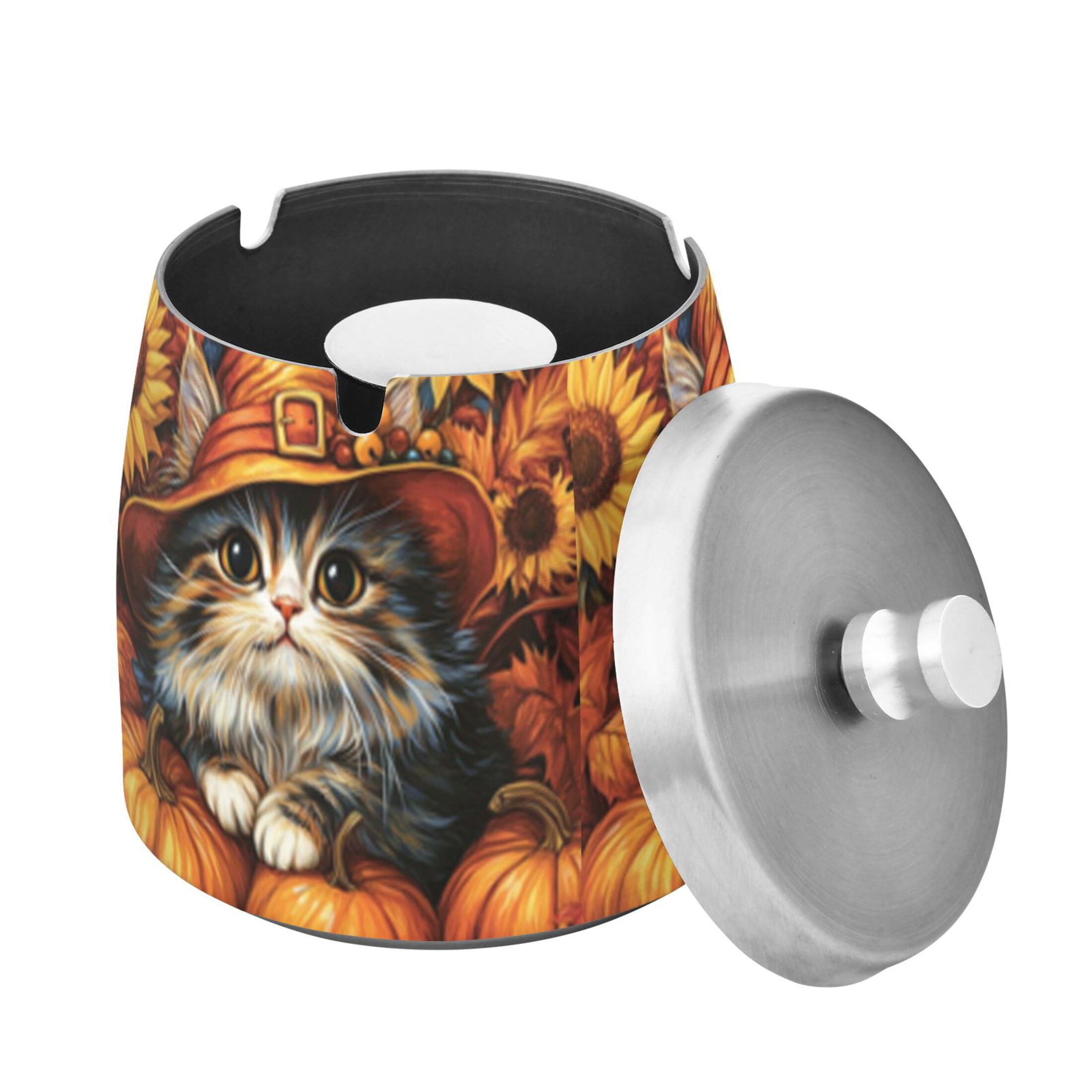 Cute Cat in Fall Ashtray with Lid Outdoor for Patio Stainless Steel Cigar Ashtray Odorless ...