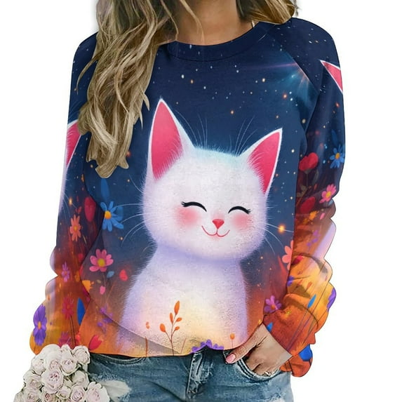 Cute Cat in Floral Fantasy Fashion Round Neck Long Sleeve Printed ...