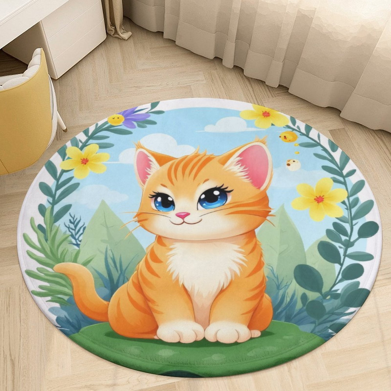 Cute Cat in Floral Frame Round Area Rugs for Bedroom Living Room, 6FT ...