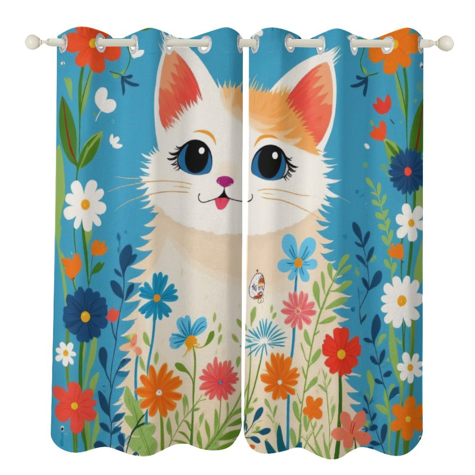 Cute Cat in Floral Garden Luxury Window Curtains Blinds for Living Room ...