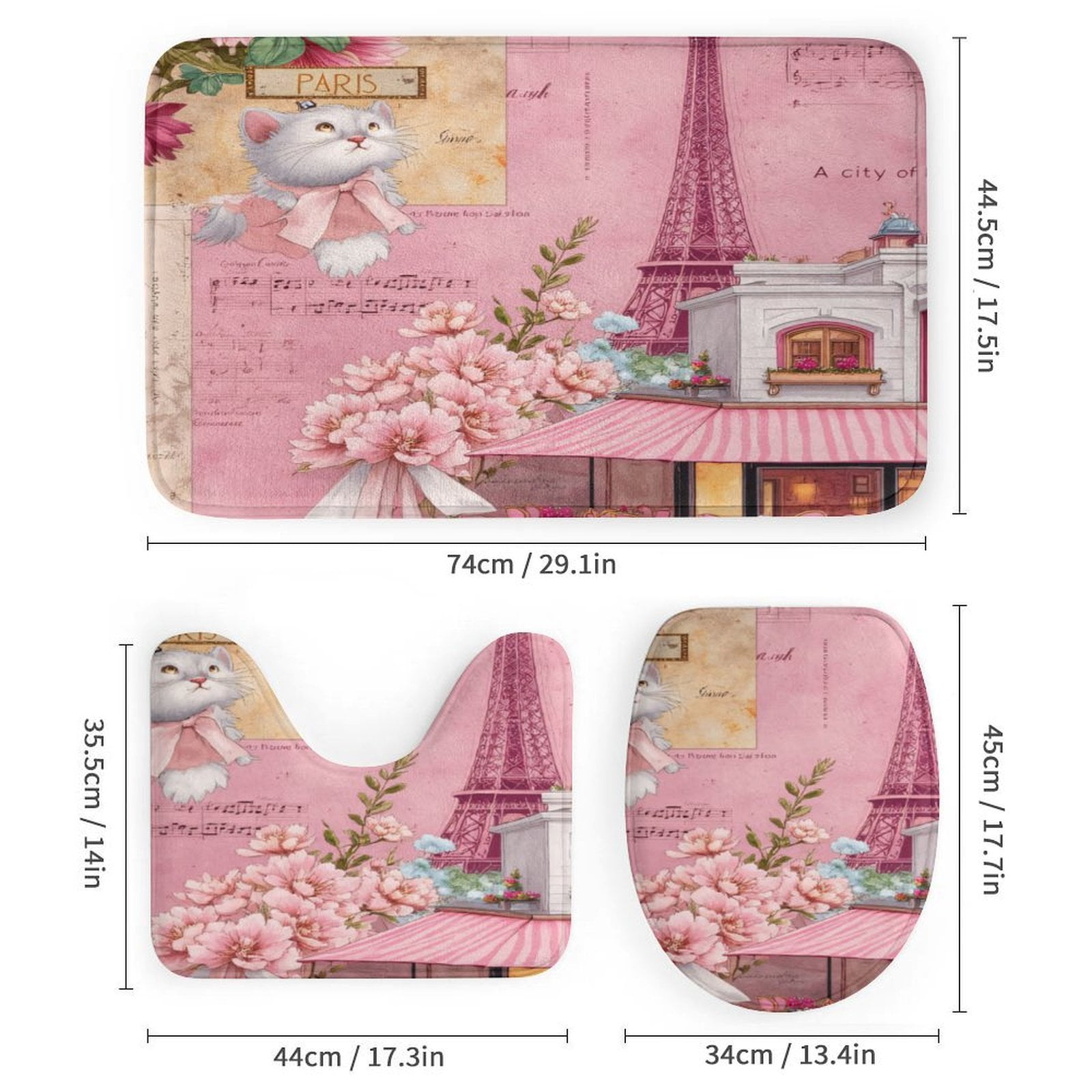 Cute Cat in Paris Collage Bathroom Mats Sets 3 Piece, Bath Mat Earth ...