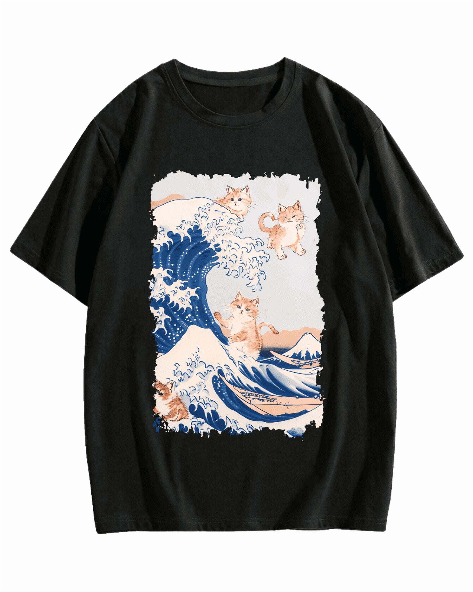 Cute Cat in the Waves, Japanese Style Cotton casual T-shirt - Walmart.com