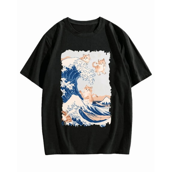 Cute Cat in the Waves, Japanese Style Cotton casual T-shirt - Walmart.com
