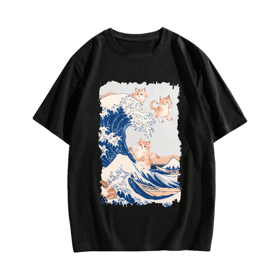 Cute Cat in the Waves, Japanese Style Cotton casual T-shirt - Walmart.com