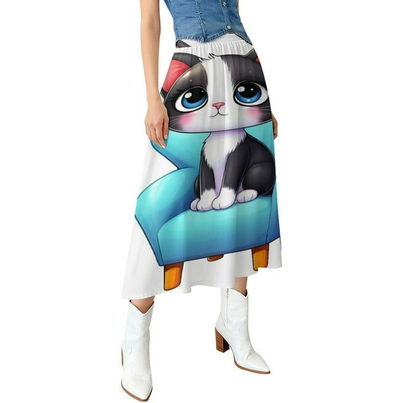 Cute Cat on Blue Chair Women High Waist Midi Skirt Elegant Midi Skirt ...