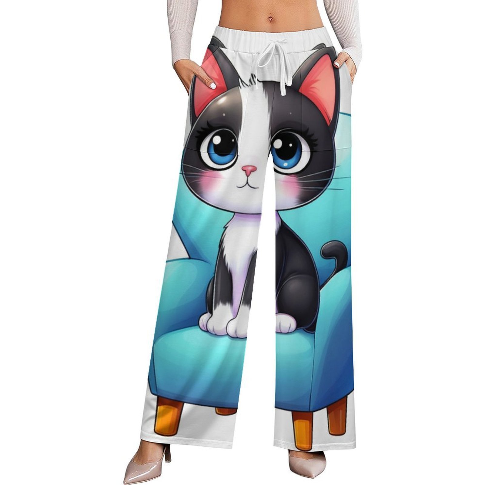 Cute Cat on Blue Chair Women's Casual Wide Leg Pants Comfort Pockets ...