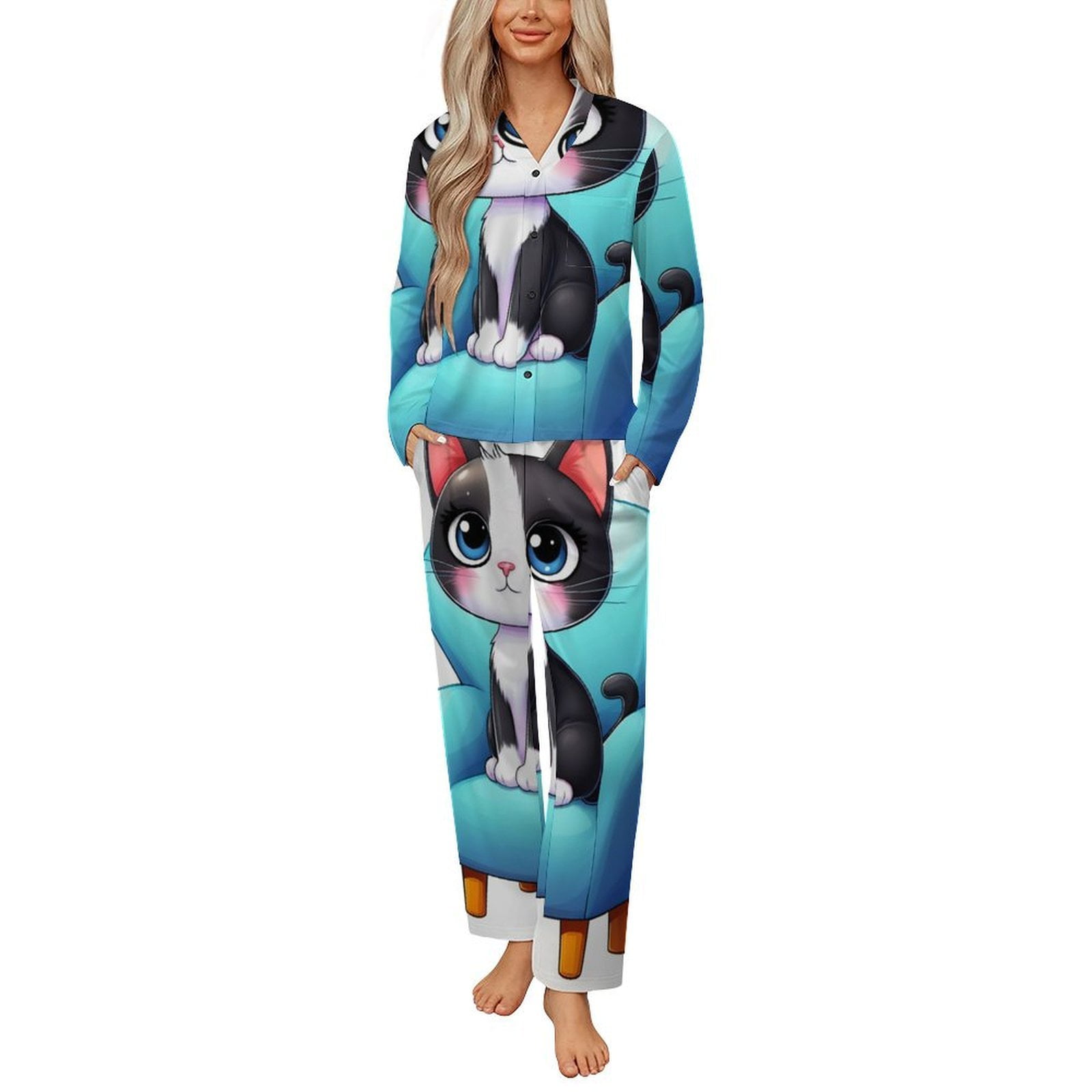 Cute Cat on Blue Chair Womens Pyjamas Set Button Up Pyjamas Womens with ...