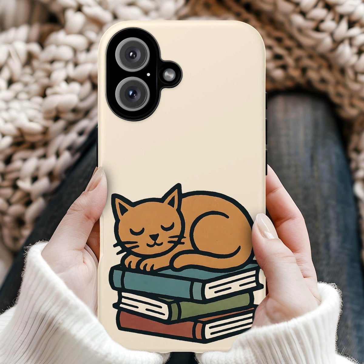 Cute Cat on Books Cozy Book Lover Aesthetic Phone Case iPhone 17 to 11 ...