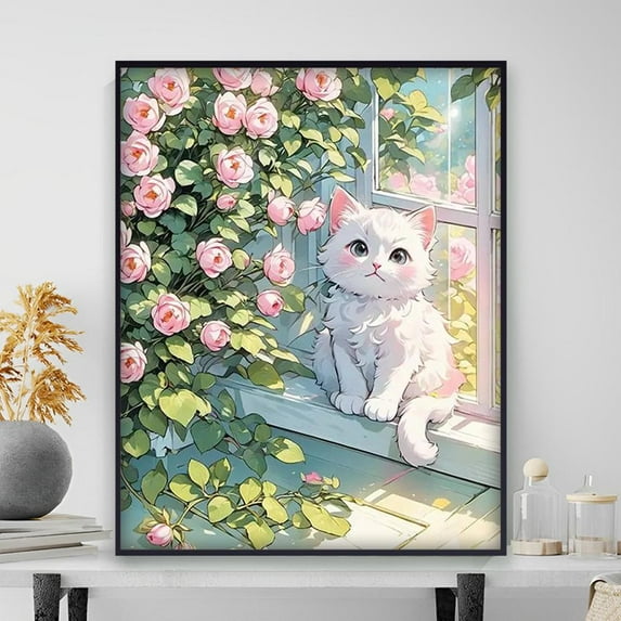 Cute Cat on Windowsill Paint by Numbers Kit – DIY Framed Canvas Oil ...