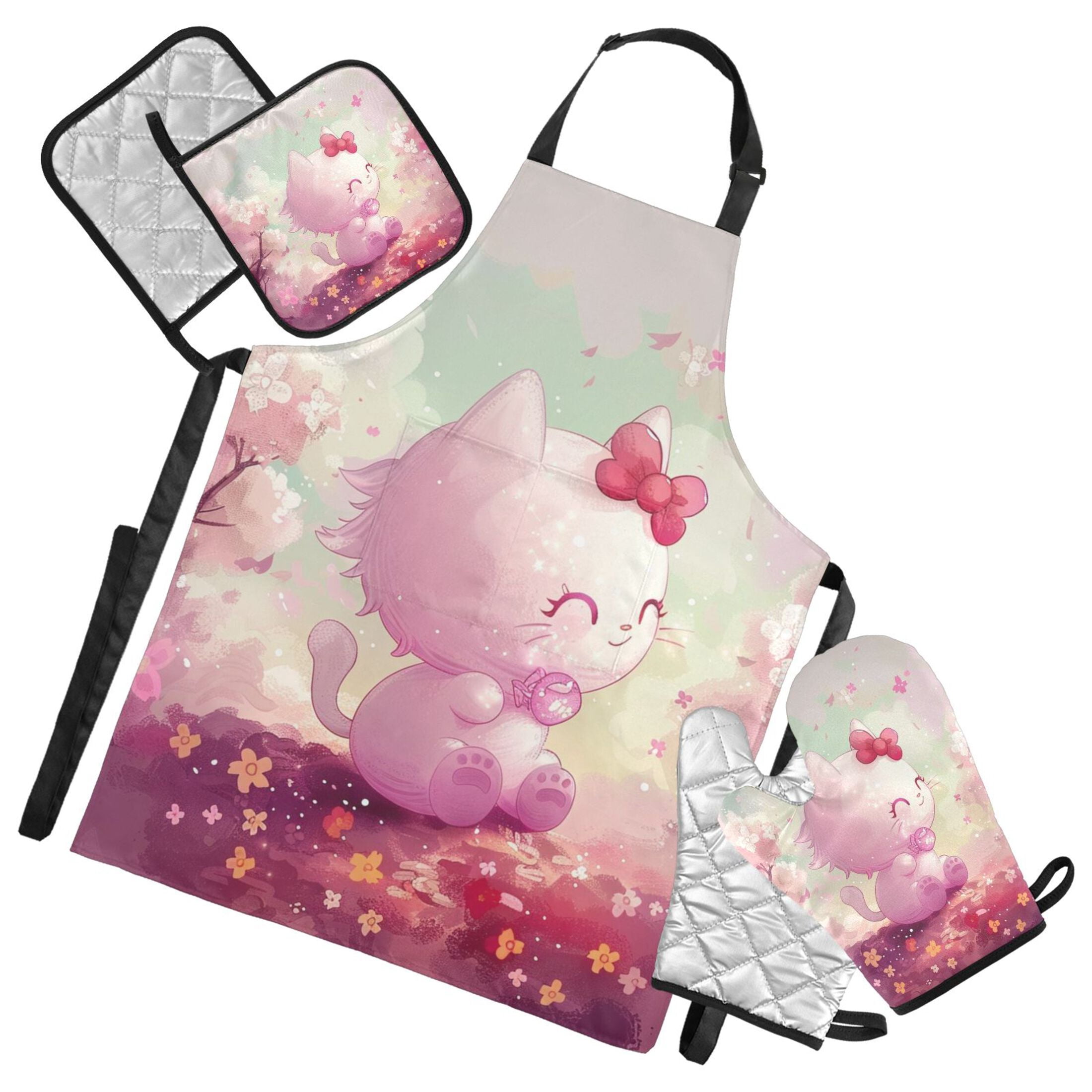 Cute Cat with Bow 5 Pcs Kitchen Set Heat Resistant Oven Mitts and Non ...