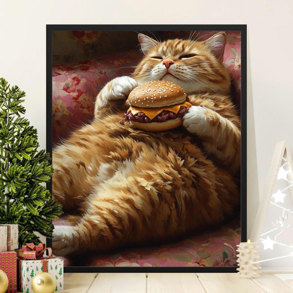 Cute Cat with Burger Wall Art, Funny Cat Eating Burger Poster, Quirky ...