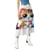 Cute Cat with Feather Women High Waist Midi Skirt Elegant Midi Skirt ...
