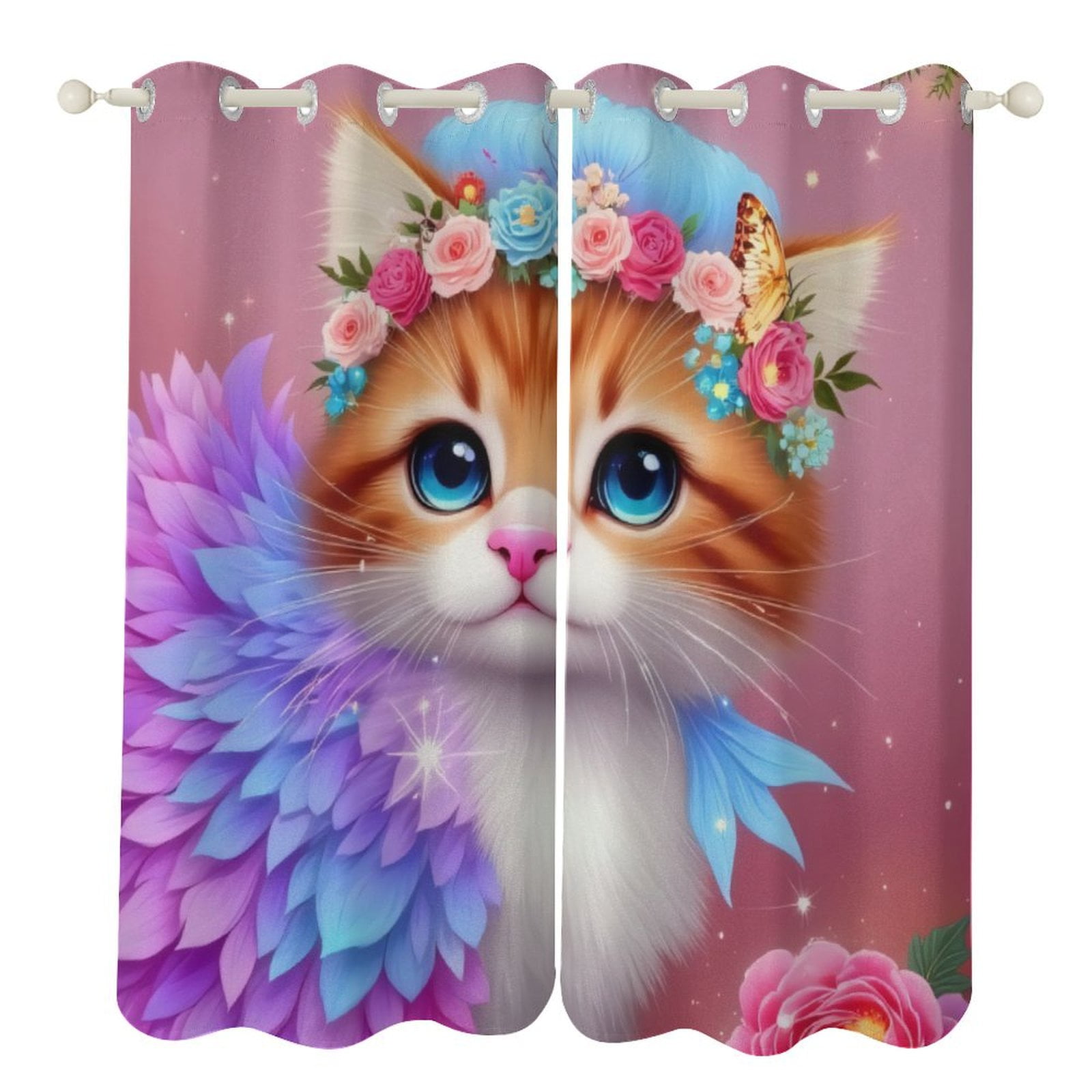 Cute Cat with Floral Crown Blackout Window Curtains for Bedroom Living ...