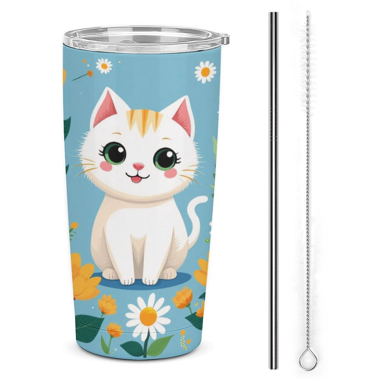 Cute Cat with Flowers Tumbler Print 20oz Stainless Steel Coffee Cup ...