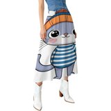 Cute Cat with Heart Women High Waist Midi Skirt Elegant Midi Skirt High ...