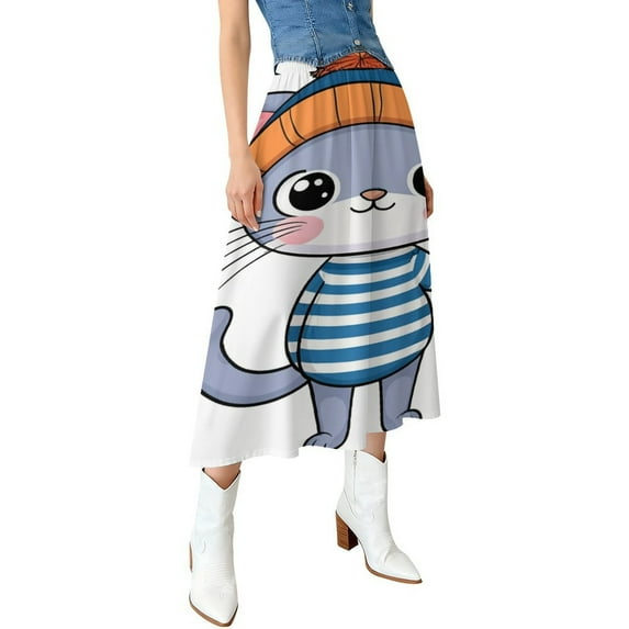 Cute Cat with Heart Women High Waist Midi Skirt Elegant Midi Skirt High ...