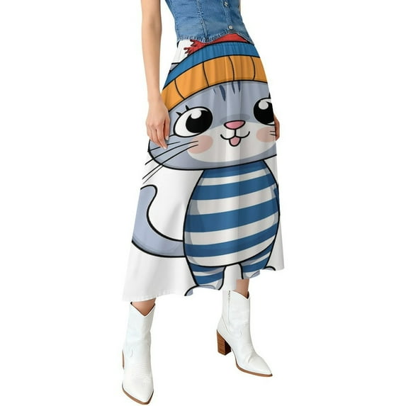 Cute Cat with Heart Women High Waist Midi Skirt Elegant Midi Skirt High ...