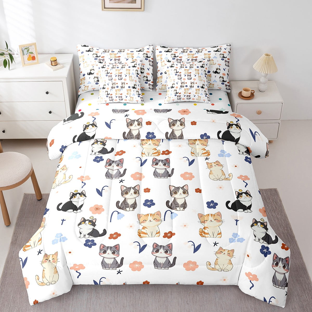 Cute Cats 7 Piece King Comforter Set, Kawaii Kitten Pets Florals ...