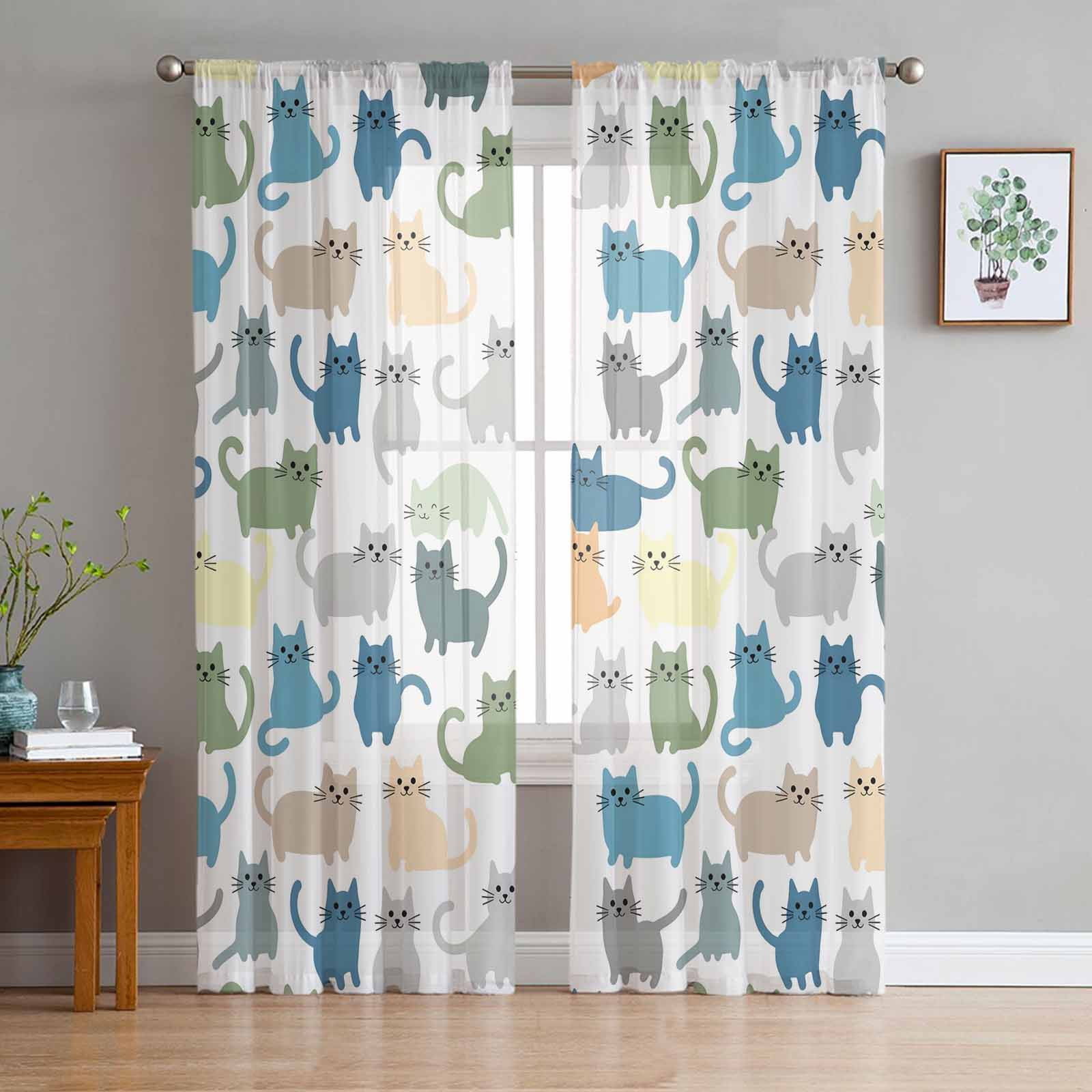 Cute Cats Animals Sheer Curtains 63 Inches Length 2 Panels Set, Window ...