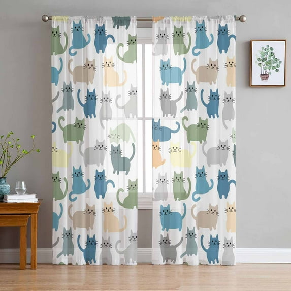 Cute Cats Animals Sheer Curtains 63 Inches Length 2 Panels Set, Window ...