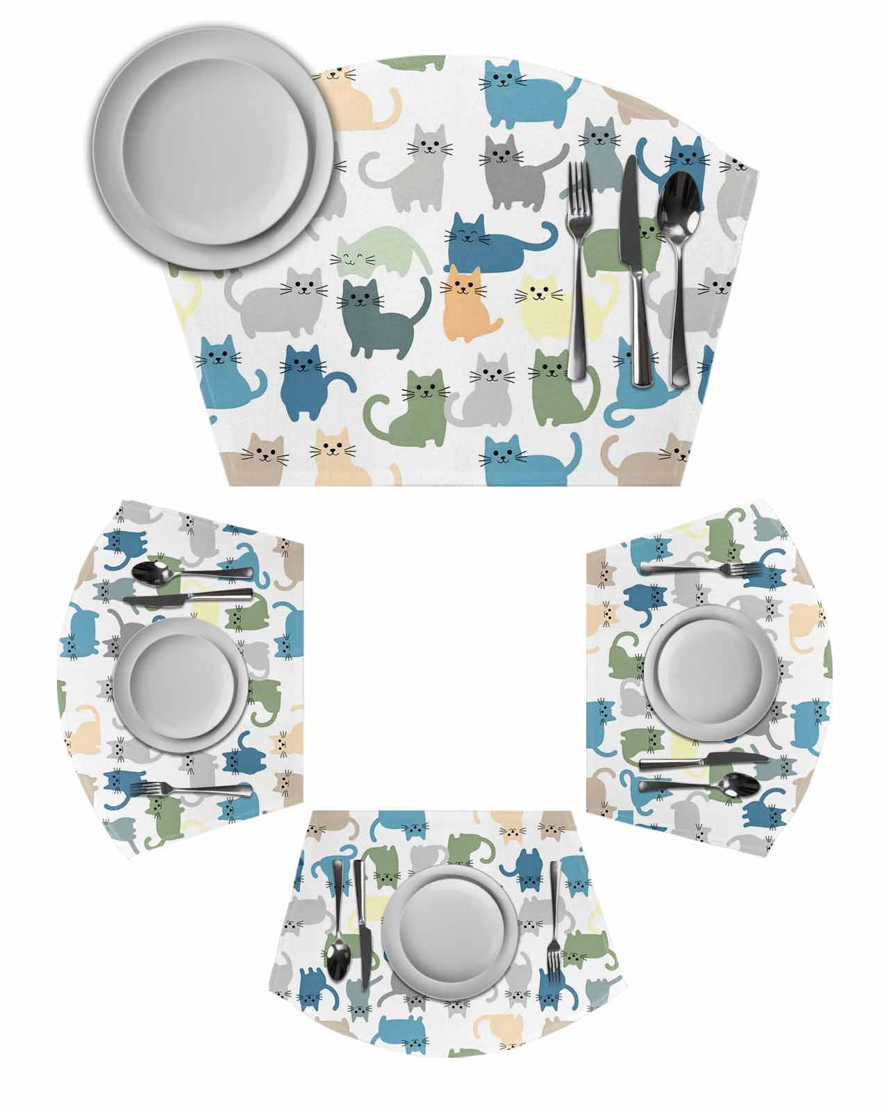 Cute Cats Animals Wedge Shaped Placemats Set of 6, Cotton Linen Fan ...