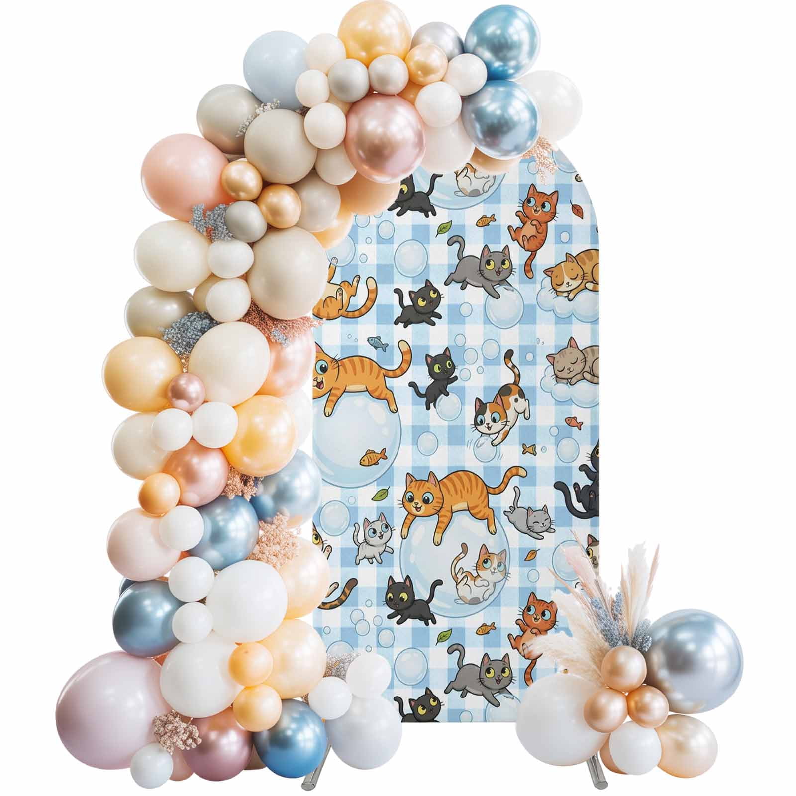 Cute Cats Arch Backdrop Cover 6.6 FT Black Orange Gray Cat Bubbles ...