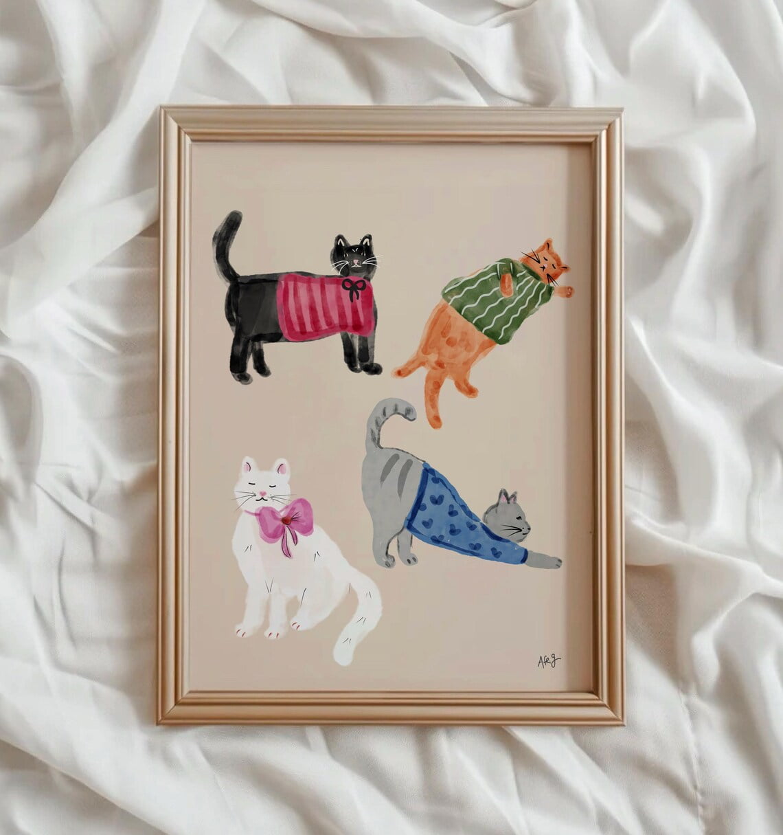 Cute Cats Art Print, Colorful Cat Poster, Cat Line Art, Cats In ...