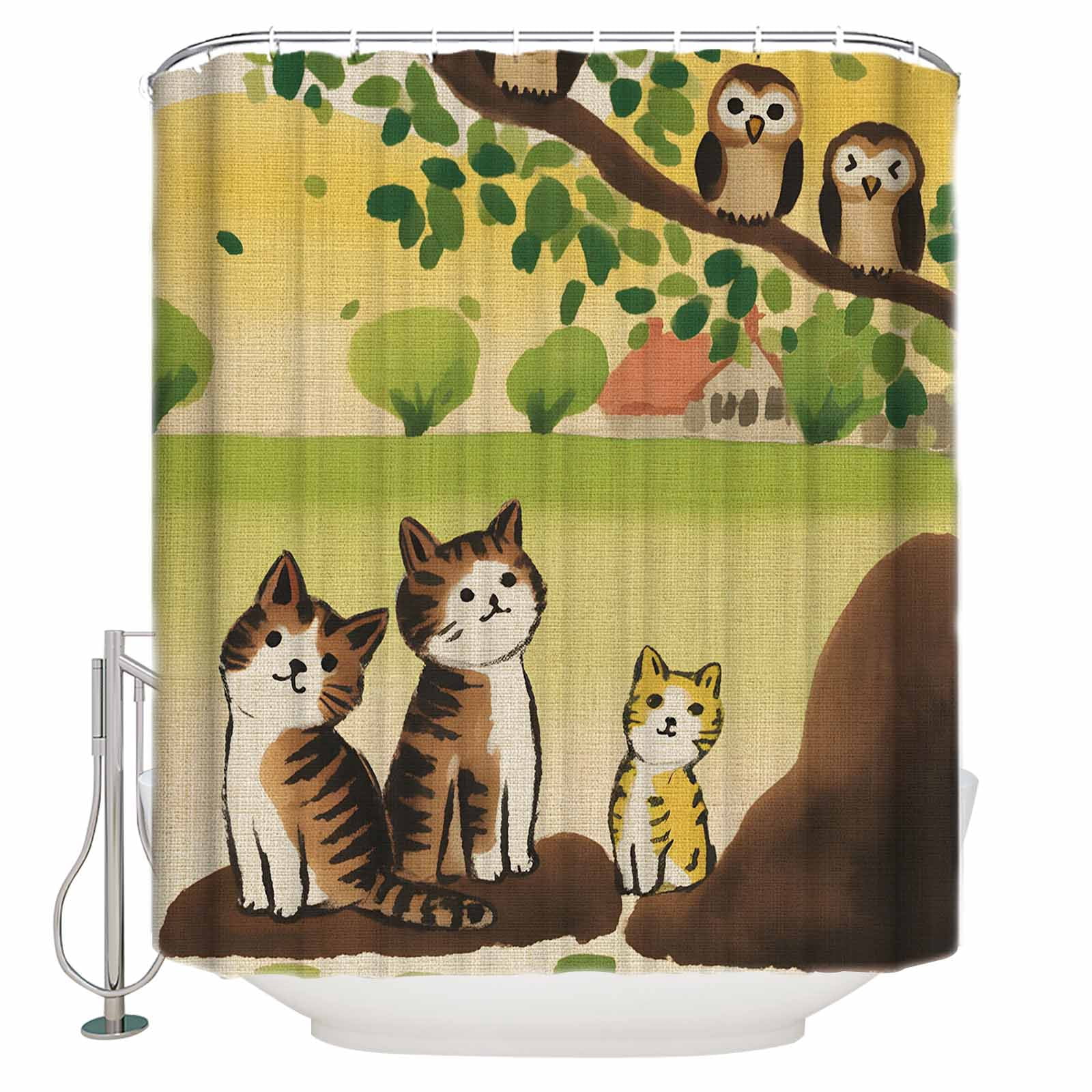 Cute Cats Bathroom Shower Curtains with 12 Hooks Waterproof Shower ...