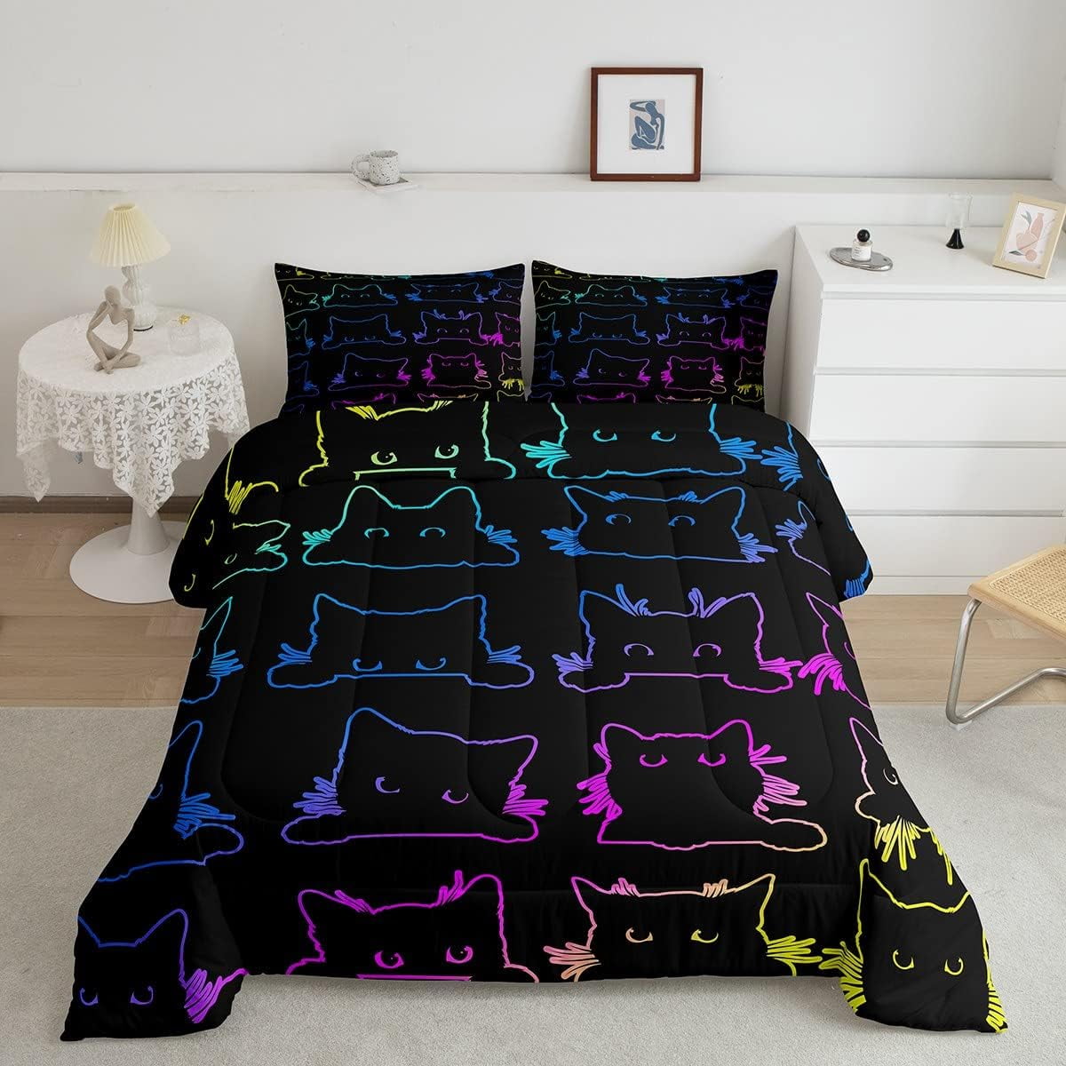 Cute Cats Bedding Set Queen Kawaii Cat Pet Comforter Set Colorful Neon ...