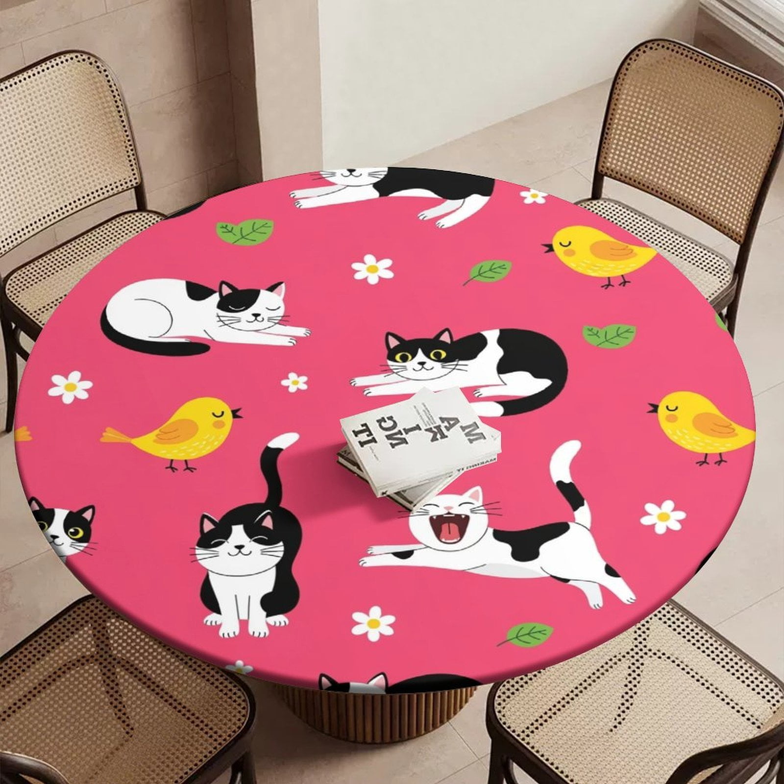 Cute Cats Birds Pink Floral Pattern Round Table Cover Kitchen Printed ...