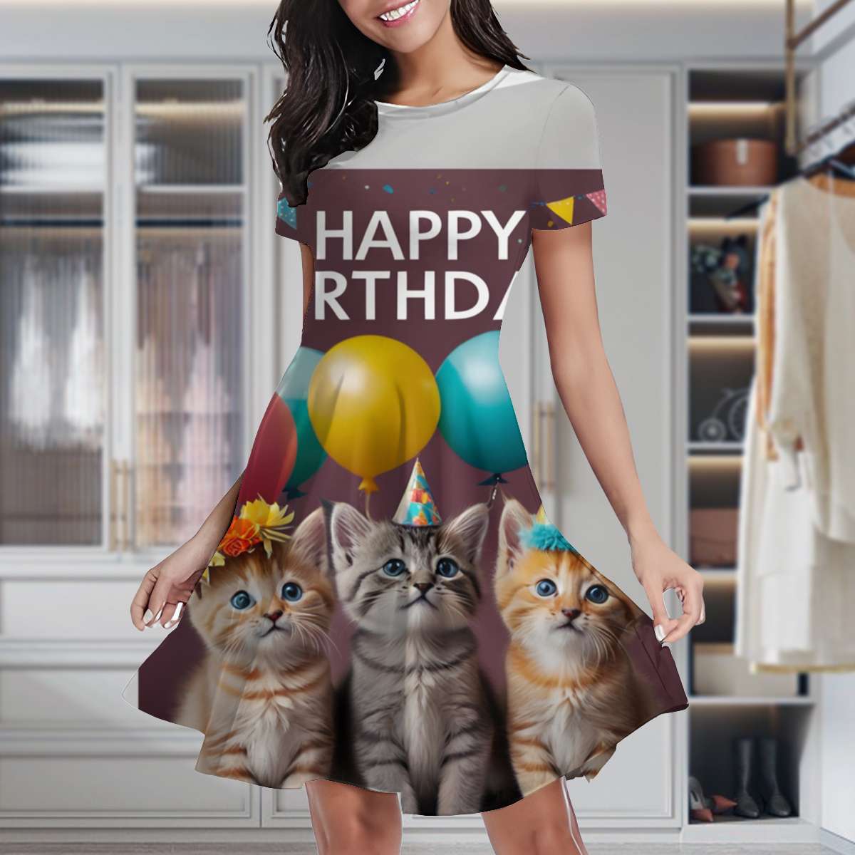 Cute Cats Birthday Balloons Women's Classic Swing Skater Dress Casual ...
