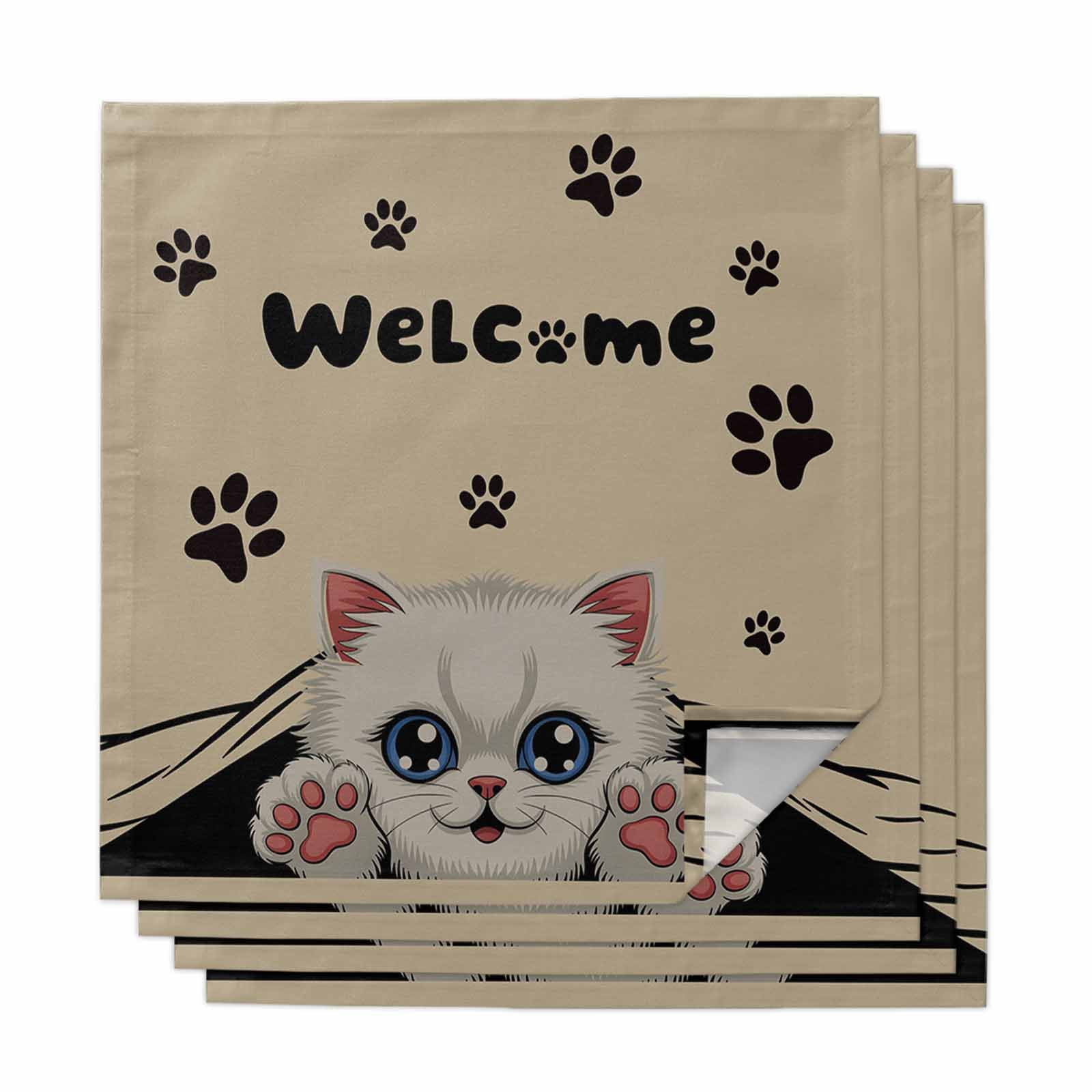 Cute Cats Cloth Napkins, Vintage Cat Claws Pets Cartoon Kitten Brown ...